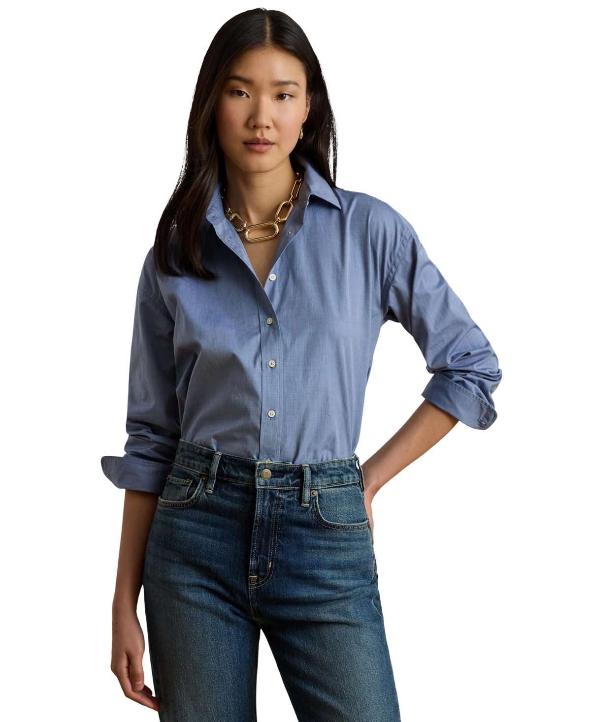 Lauren Ralph Lauren Womens Oversized Button Placket Shirt - Blue