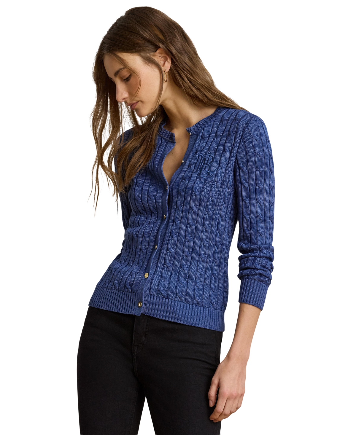 Lauren Ralph Lauren Womens Crewneck Buttoned Placket Cardigan Sweater - Inky Blue
