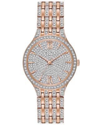Bulova Women's Crystal Accented Rose Gold-Tone Stainless Steel Bracelet ...