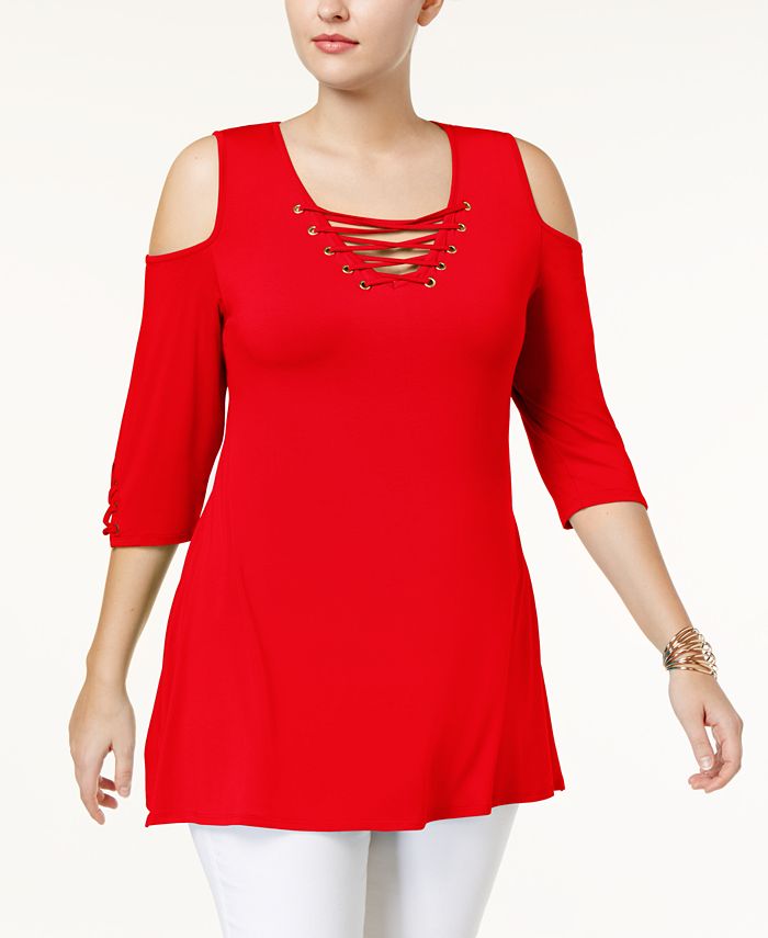 Belldini Plus Size Cold-Shoulder Lace-Up Tunic - Macy's