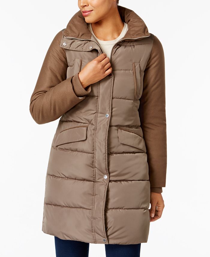 French Connection Faux-Fur-Trim Mixed-Media Coat - Macy's