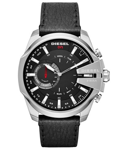 Diesel Men's Mega Chief Black Leather Strap Hybrid Smart Watch 48mm ...