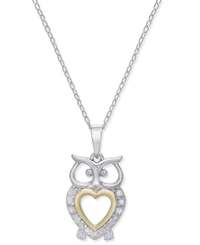 Macy's Diamond Two-Tone Owl Pendant Necklace (1/10 ct. t.w.) in ...