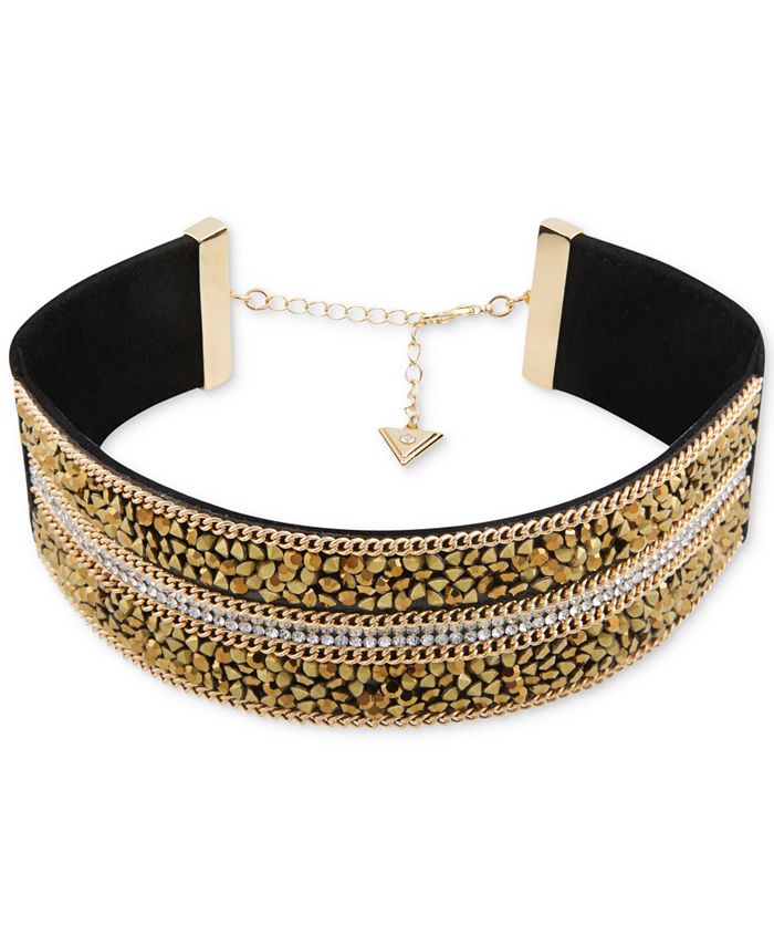 GUESS Gold-Tone Pavé & Crystal Rock Faux Suede Choker Necklace - Macy's