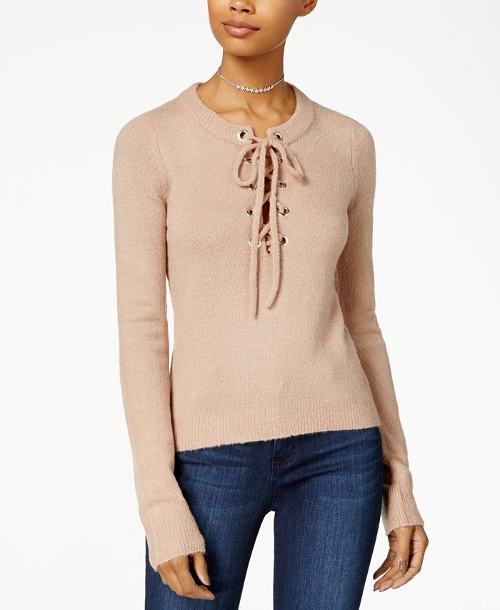 Planet Gold Juniors' Lace-Up Grommet Sweater - Macy's