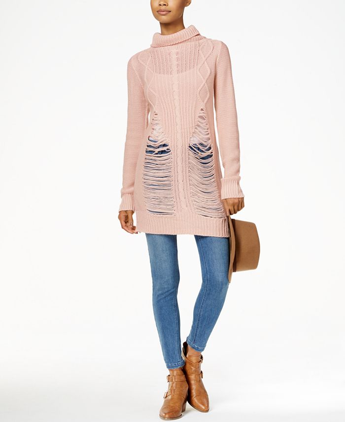 Planet Gold Juniors' Ripped Turtleneck Tunic Sweater - Macy's