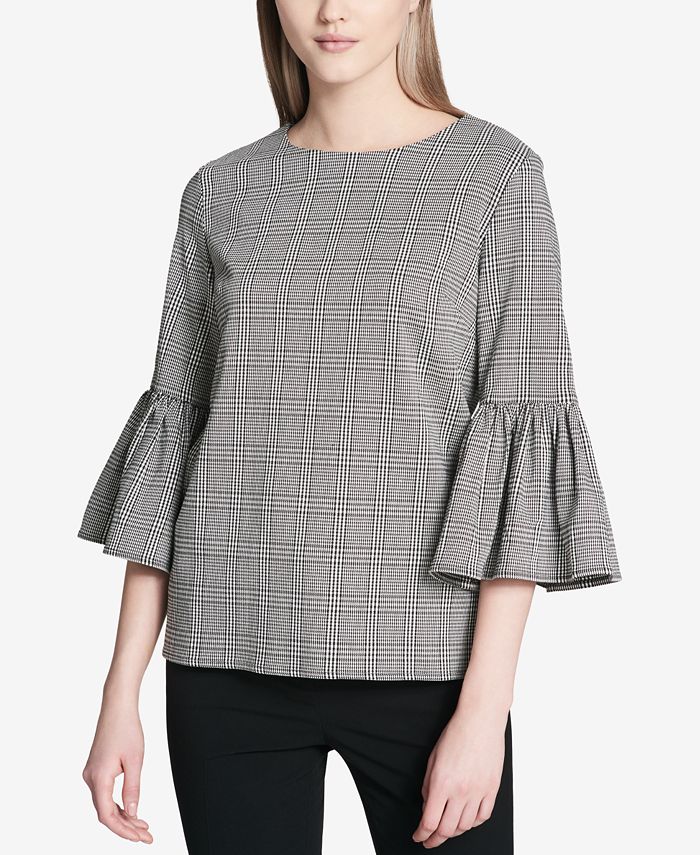 Calvin Klein Plaid Bell-Sleeve Top - Macy's