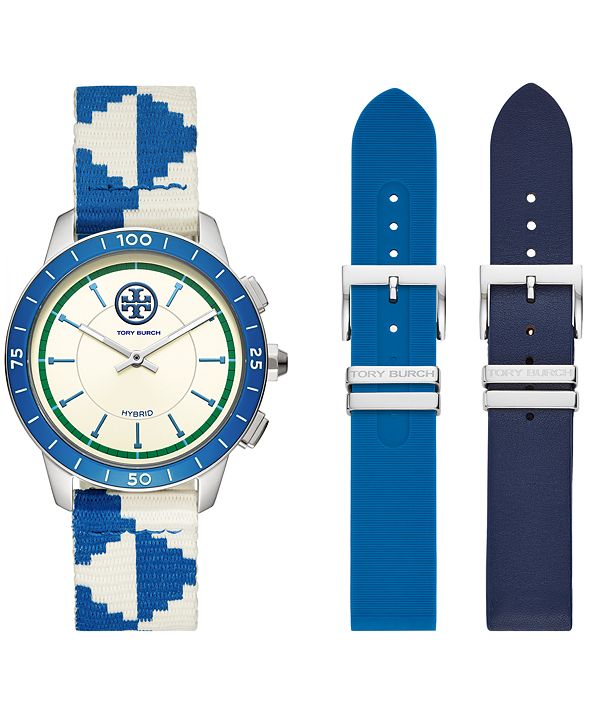 Tory Burch Women's ToryTrack Collins Blue & White Fabric Strap Hybrid ...