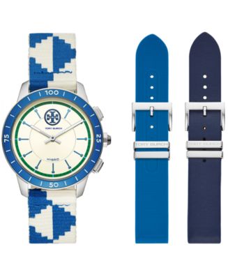 Tory Burch Women's ToryTrack Collins Blue & White Fabric Strap Hybrid ...