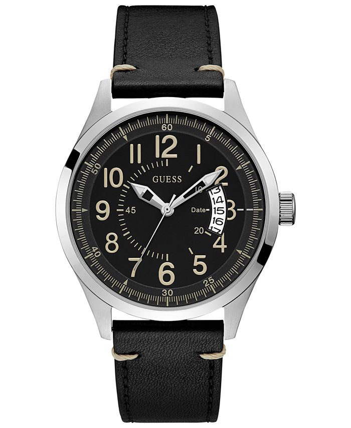 GUESS Men's Black Leather Strap Watch 44mm - Macy's