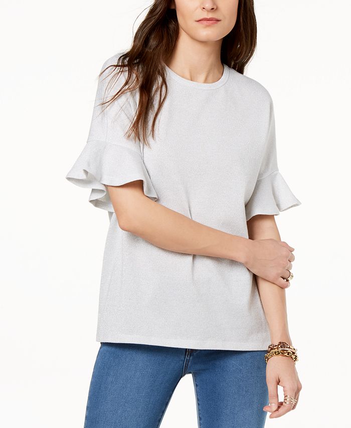 Michael Kors Petite Metallic Ruffle-Sleeve Top - Macy's