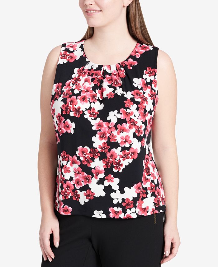 Calvin Klein Plus Size Printed Pleated-Neck Shell - Macy's