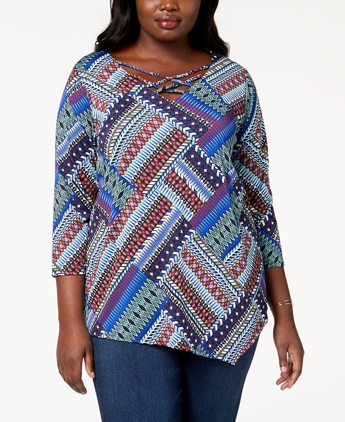 NY Collection Plus Size Printed Asymmetrical Top - Macy's
