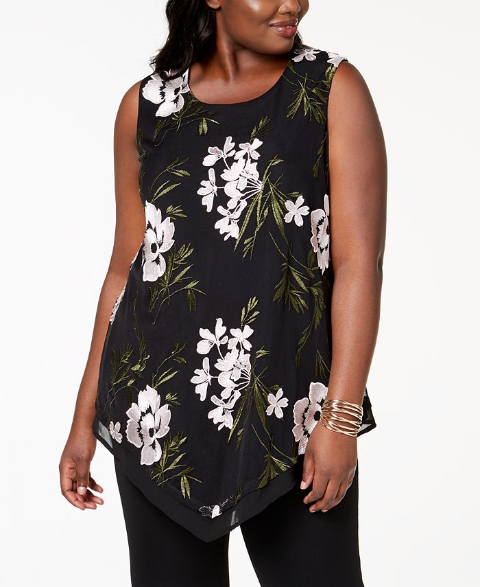 Alfani Plus Size Embroidered V-Hem Top, Created for Macy's - Macy's