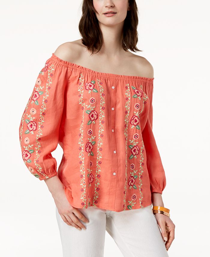 Charter Club Embroidered Linen Peasant Top, Created for Macy's - Macy's