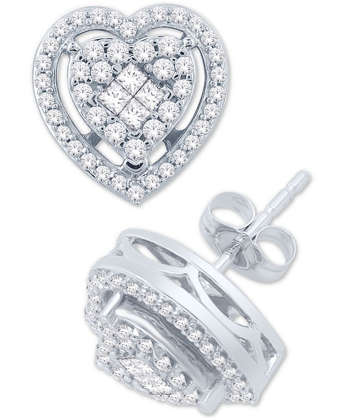Macy's Diamond Heart Cluster Stud Earrings (1/2 ct. t.w.) in 14k White ...