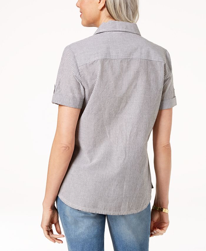 Karen Scott Petite Cotton Striped Embroidered Blouse, Created for Macy ...
