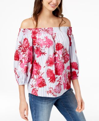 INC International Concepts I.N.C. Mixed-Print Off-The-Shoulder Top ...