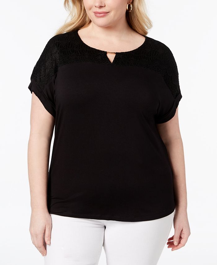 Calvin Klein Plus Size Lace-Yoke Keyhole Blouse - Macy's