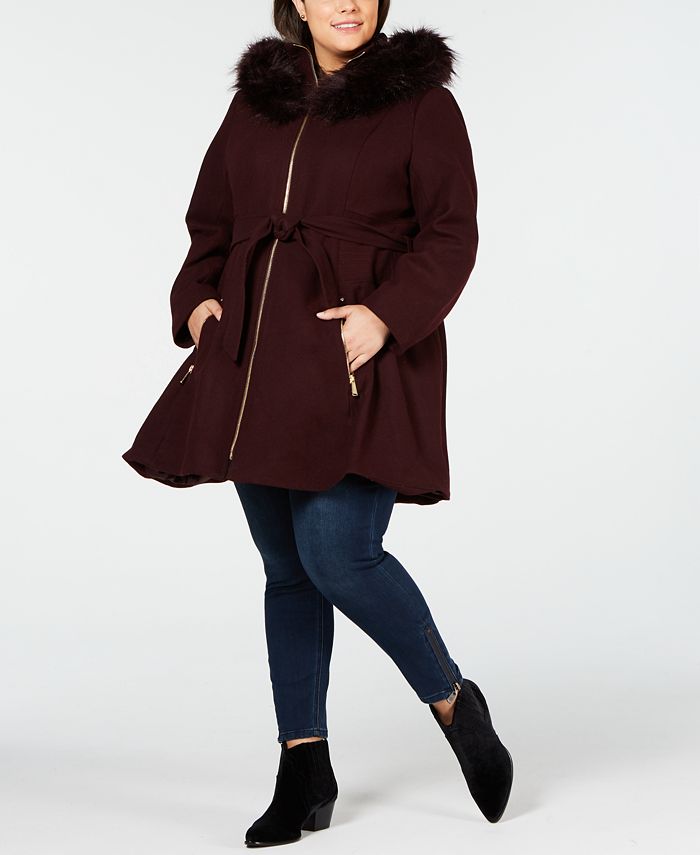 Laundry by Shelli Segal Plus Size Faux Fur Hooded Belted Wool Coat - Macy's
