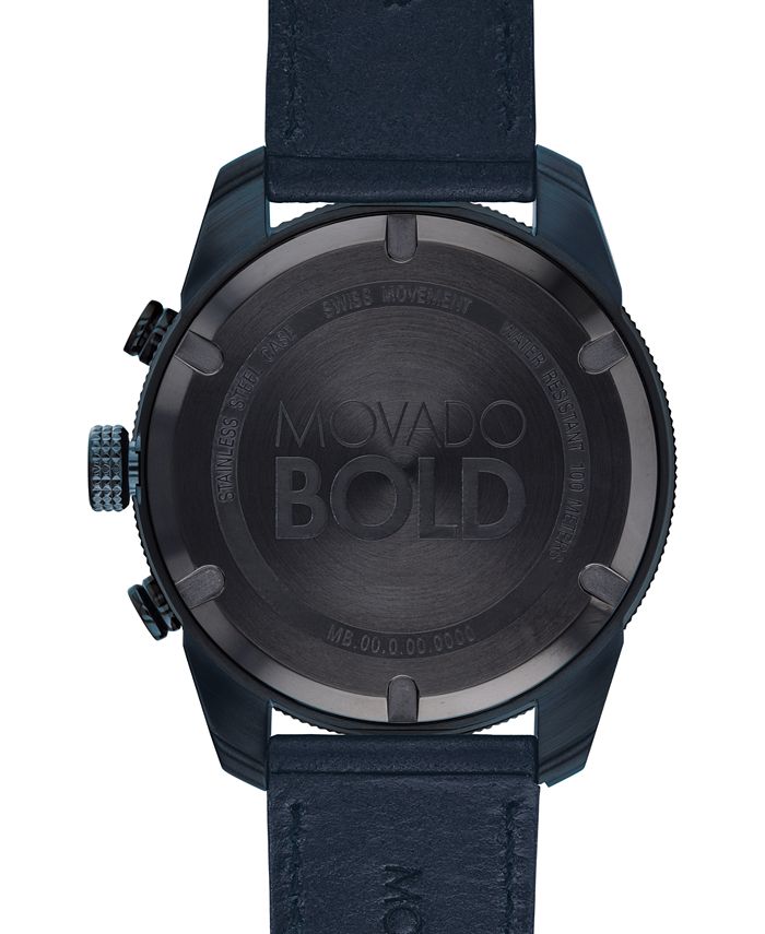 Movado Men's Swiss BOLD Chronograph Navy Perforated Leather Strap Watch ...