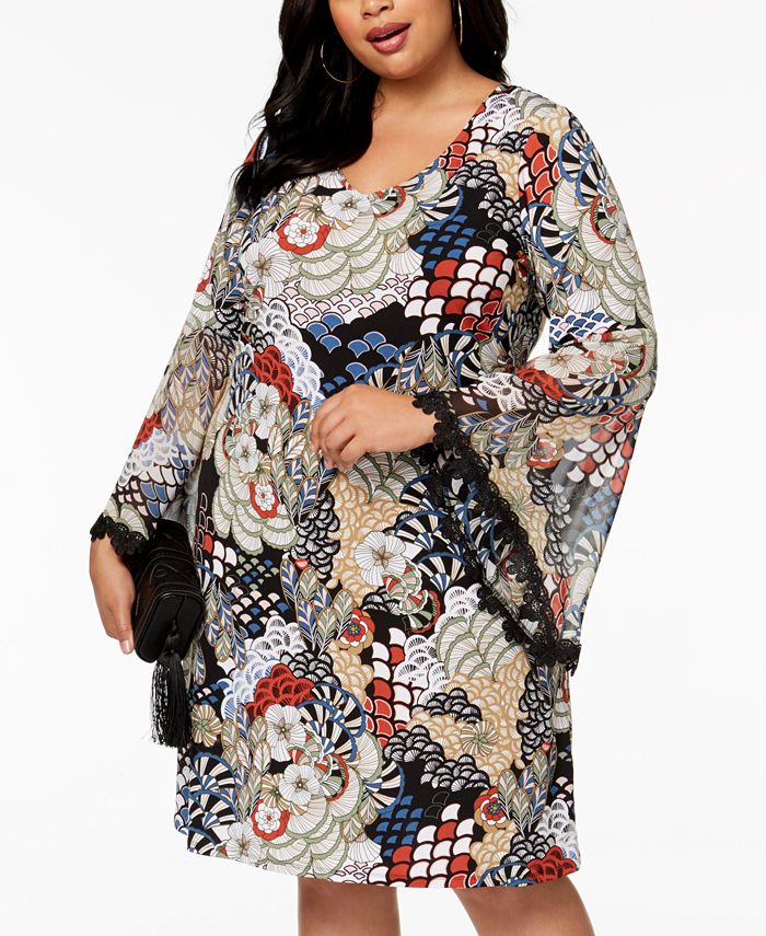 MSK Plus-Size Printed Bell-Sleeve Dress - Macy's