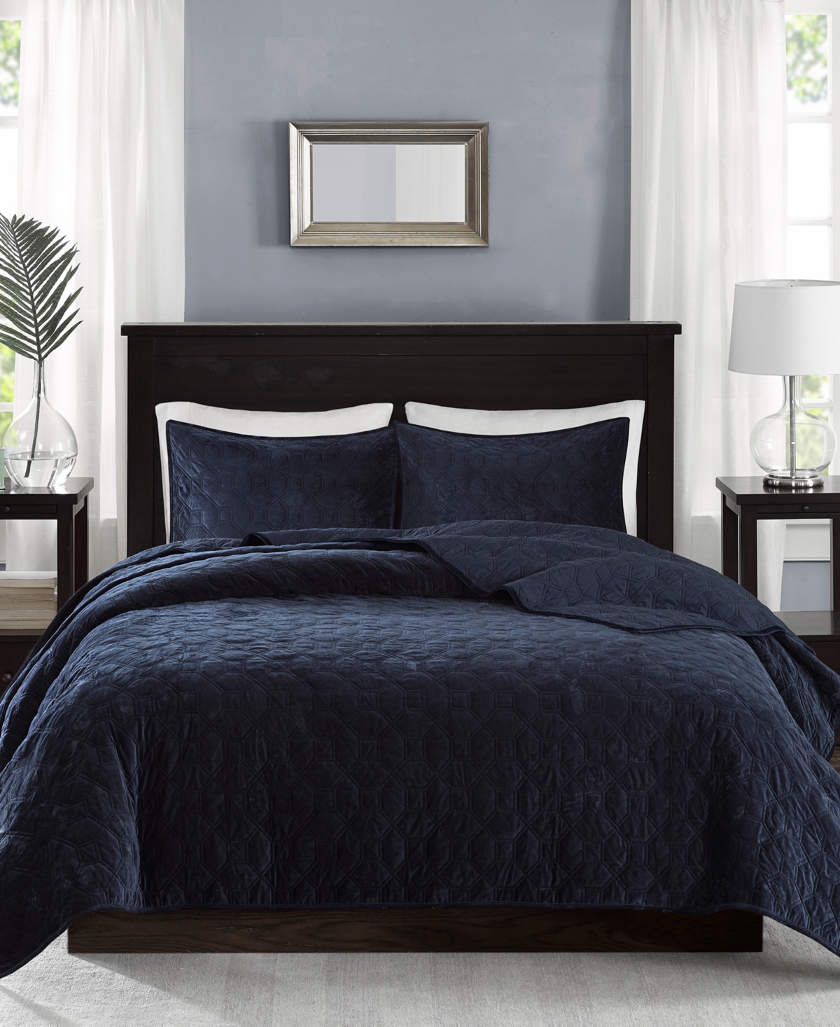 Madison Park Harper Quilted Velvet 3-Pc. Quilt Set  Full/Queen - Navy