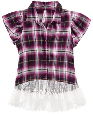 Beautees Big Girls Lace-Trim Plaid Shirt - Macy's
