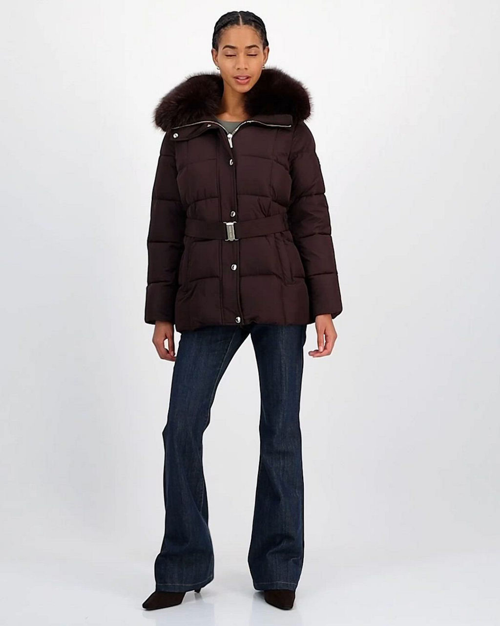 Michael Kors Women's Belted Hooded Faux-Fur-Collar Puffer Coat